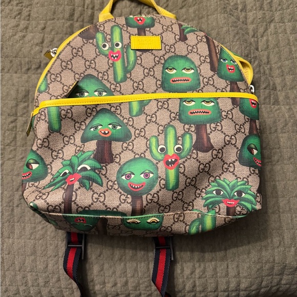 Gucci | Bags | Gucci Brown Backpack With Green Cartoon Print And Yellow ...